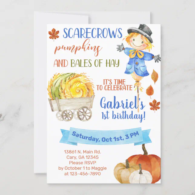 Scarecrow pumpkins bales of hay birthday invite. invitation | Zazzle