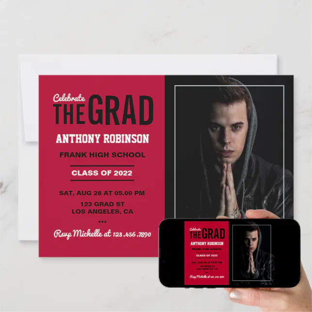 Scarlet Red and Black Graduation Party Photo Invitation | Zazzle