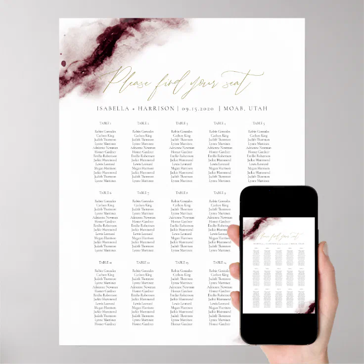 Scarlett | Burgundy Watercolor Gold Seating Chart | Zazzle