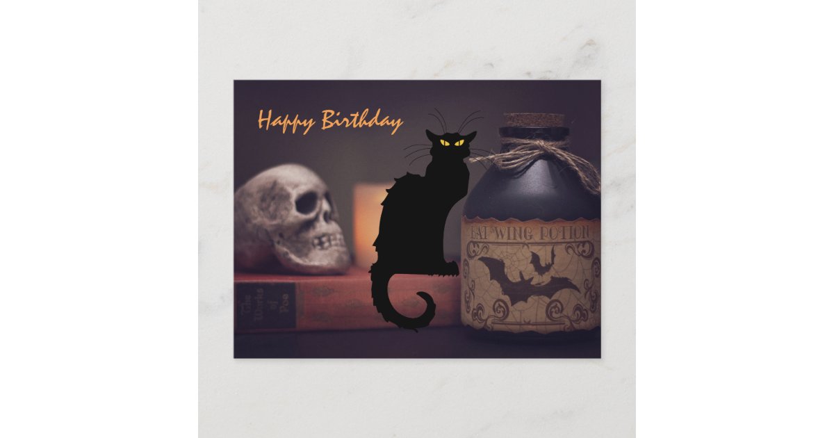 Scary Black Cat and Skull Halloween Happy Birthday Postcard | Zazzle