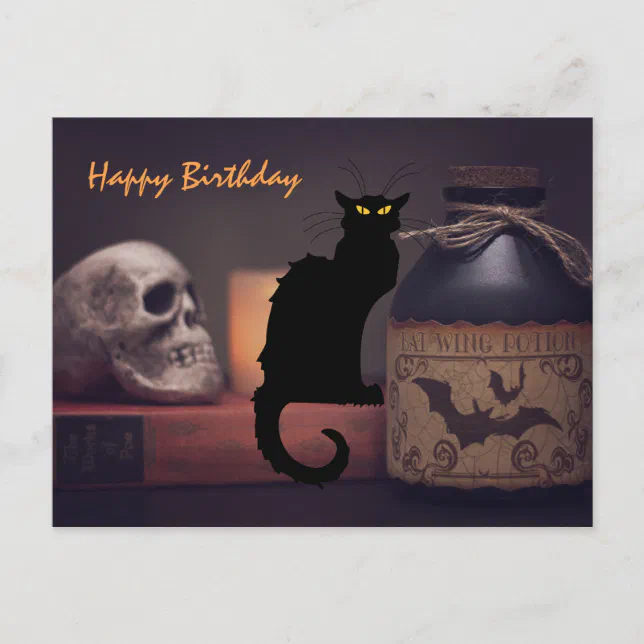 Scary Black Cat and Skull Halloween Happy Birthday Postcard | Zazzle