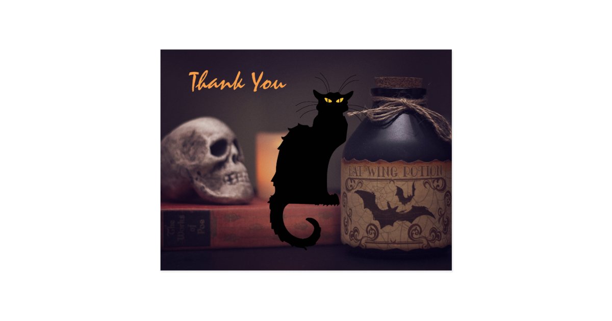 Scary Black Cat and Skull Halloween Thank You Postcard | Zazzle.com