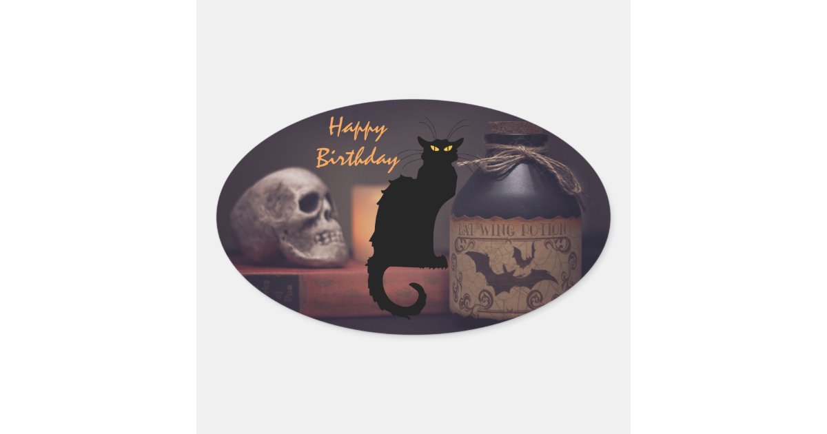 Scary Black Cat and Skull Happy Birthday Oval Sticker | Zazzle