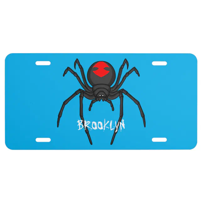 Scary black widow spider cartoon illustration license plate | Zazzle