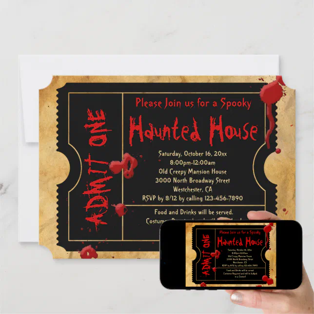 Scary Blood Splatter Haunted House Party Ticket Invitation | Zazzle