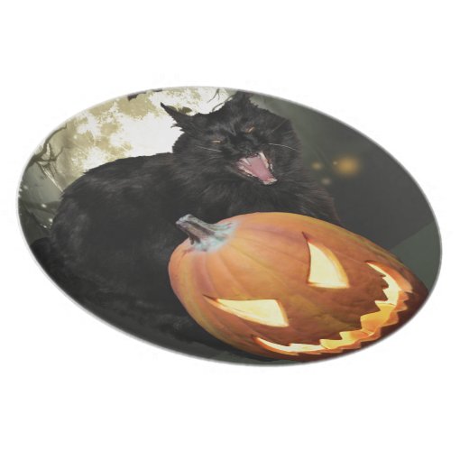 Scary Cat and Pumpkin Halloween Plate | Zazzle
