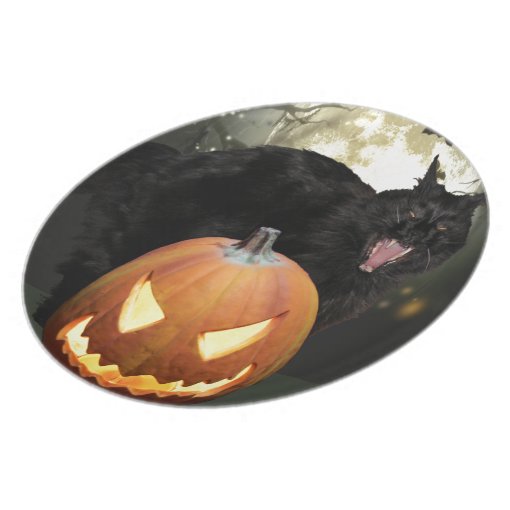 Scary Cat and Pumpkin Halloween Plate | Zazzle
