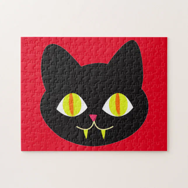 Scary Cat Face with Big Green Eyes, Canine Tooth Jigsaw Puzzle | Zazzle