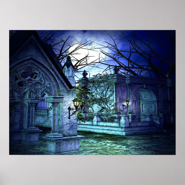 Scary Cemetery with Graveyard and Tombs Poster | Zazzle