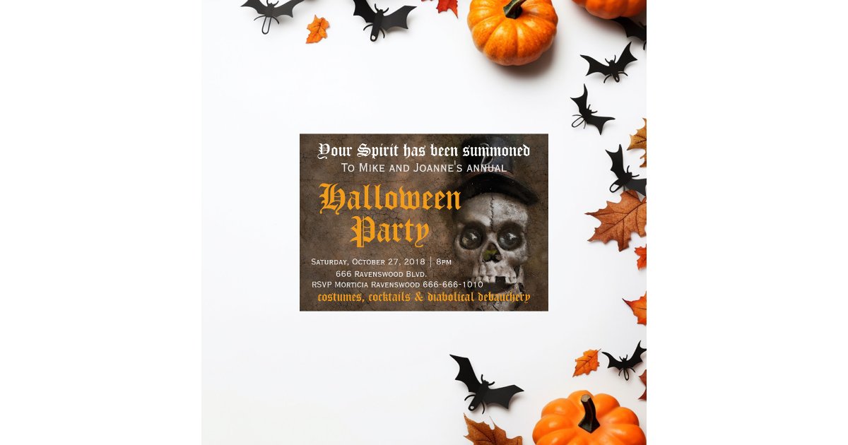 Scary Creepy Spooky Skull with Hat Halloween Party Invitation | Zazzle