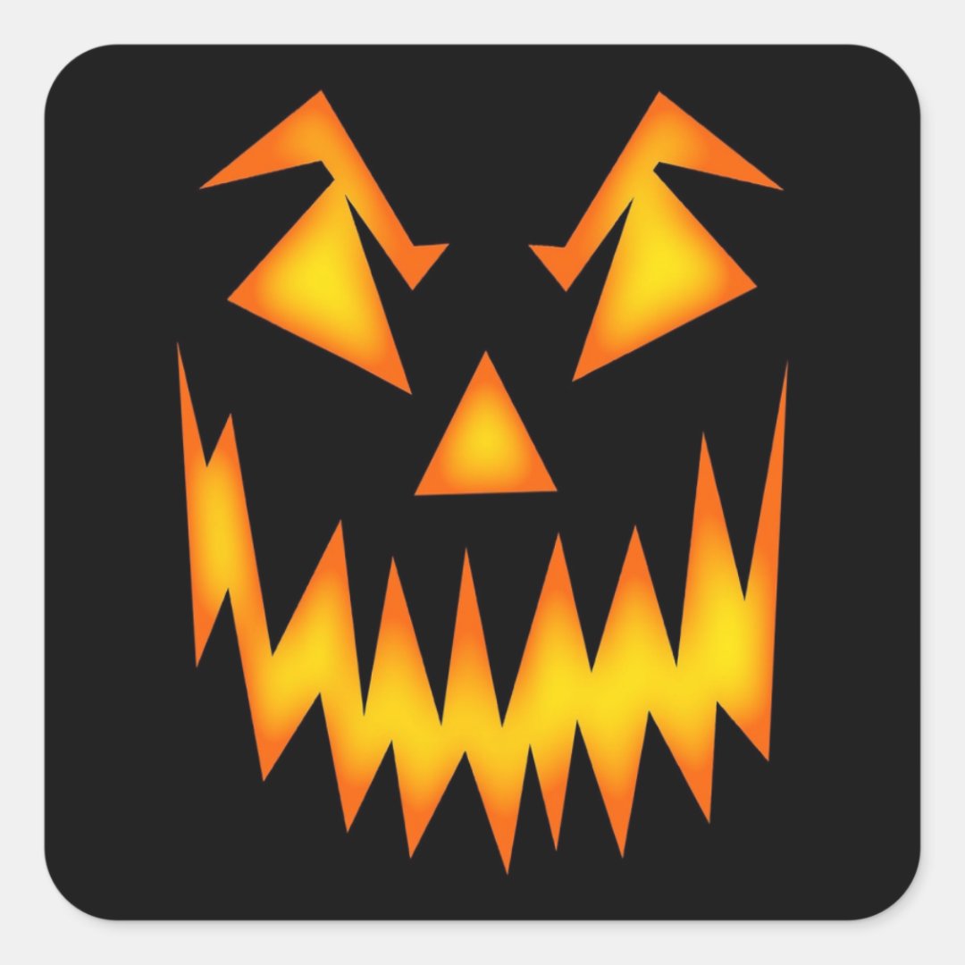 Scary Face Orange on Black Halloween Spooky Square Sticker | Zazzle
