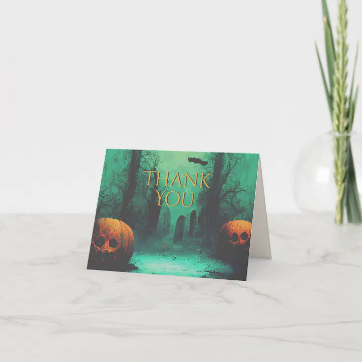 Scary Graveyard and Carved Pumpkins Halloween Thank You Card | Zazzle