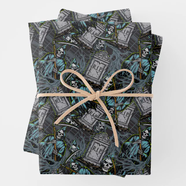 Scary Halloween Grim Reaper Grave Stones Wrapping Paper Sheets | Zazzle
