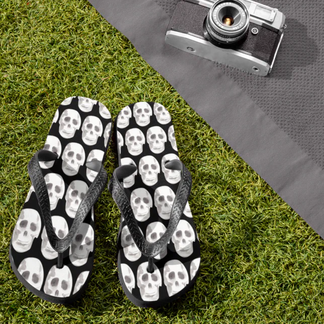 Scary Scull Black & White Pattern|Happy Halloween Flip Flops | Zazzle