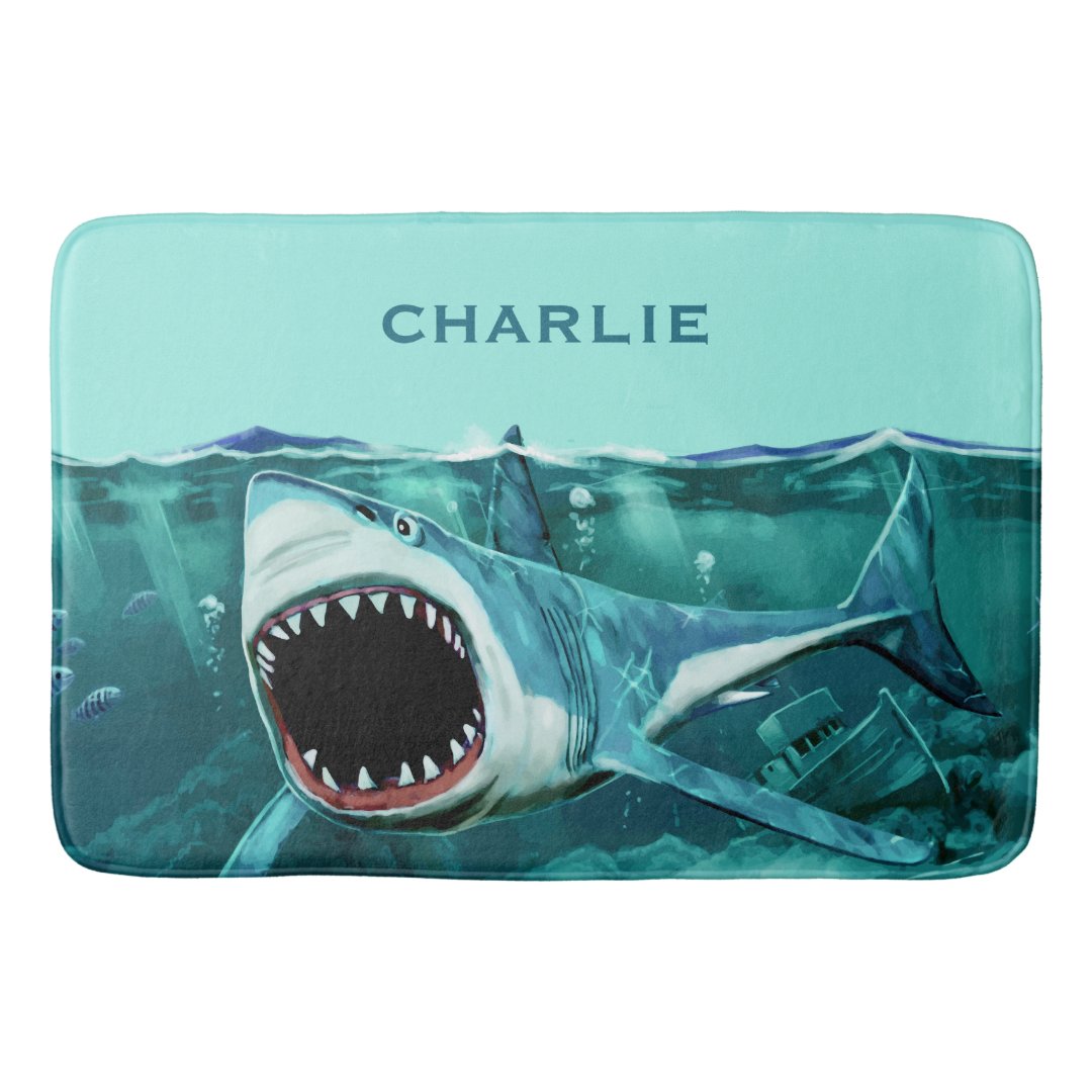 Scary Shark custom name bath mat | Zazzle