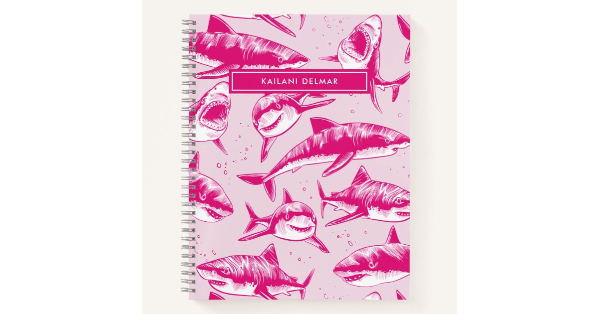Scary Shark Pattern Name Pink Kids Notebook | Zazzle