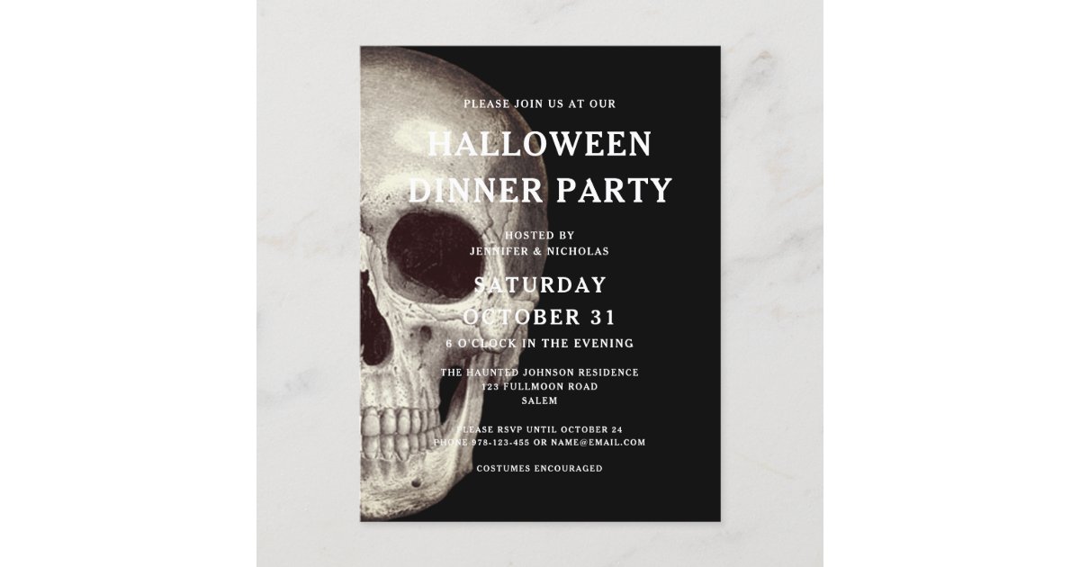 Scary Skull Halloween Dinner Party Invitation Postcard | Zazzle