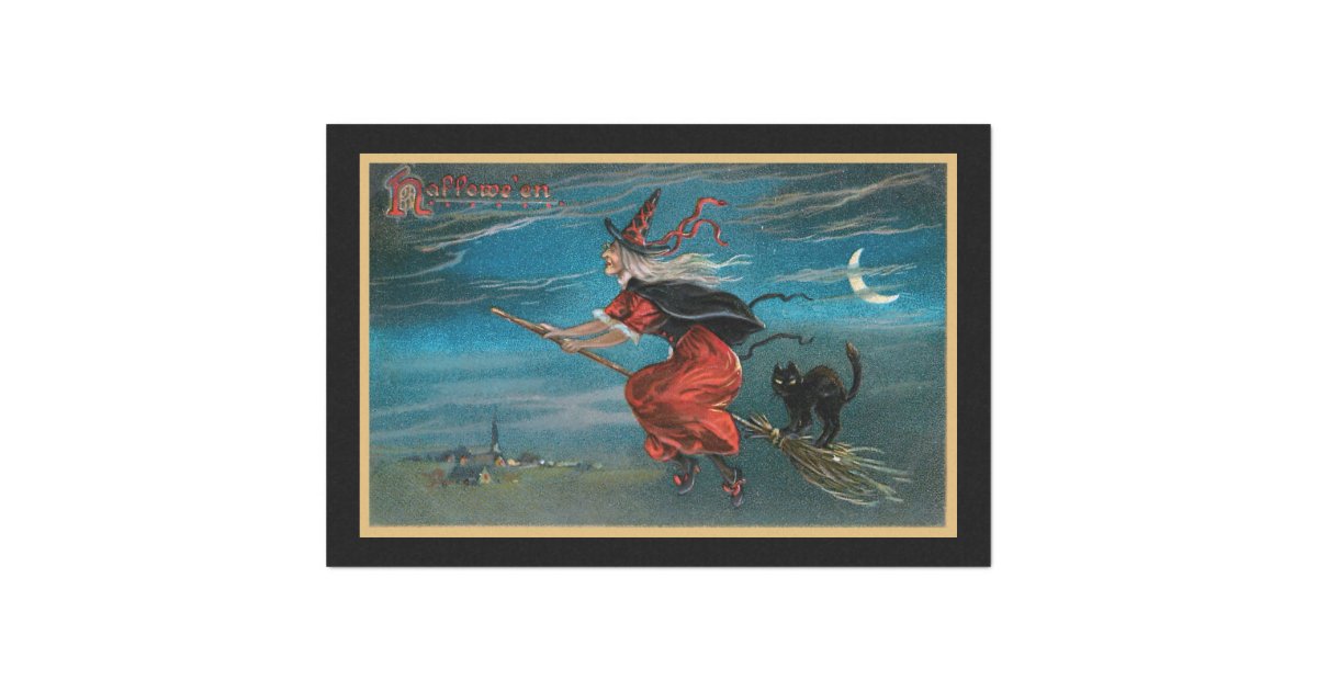 Scary Vintage Halloween Witch on Broomstick Tissue Paper | Zazzle