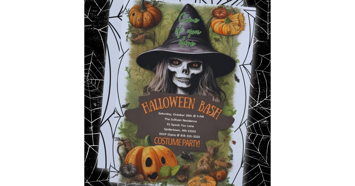 Scary Witch Halloween Bash Costume Party Invitation | Zazzle