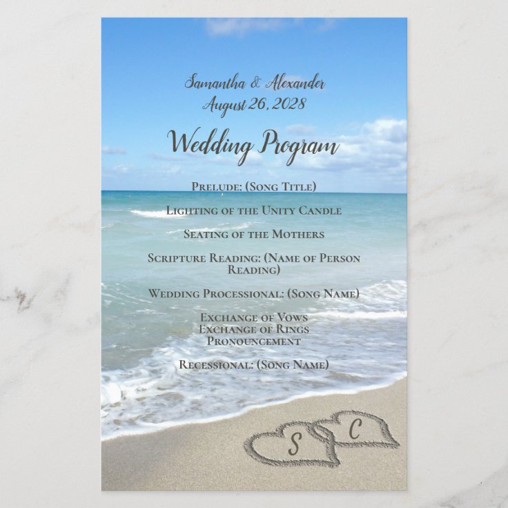 Scenic Hearts in the Sand Beach Wedding Program | Zazzle