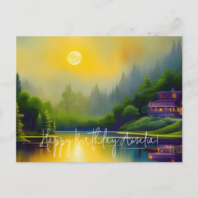 Scenic Lake Digital Art Birthday Postcard | Zazzle