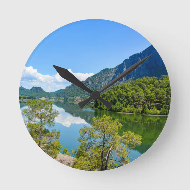 Scenic Lake Mountain Reflection Round Clock | Zazzle