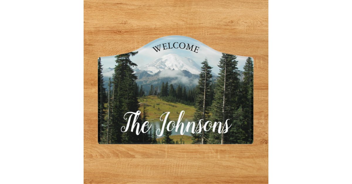 Scenic Mountain Landscape Family Name Welcome Door Sign | Zazzle