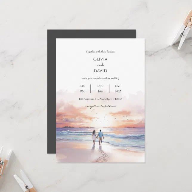 Scenic Sunset Over Ocean Watercolor Beach Wedding Invitation | Zazzle