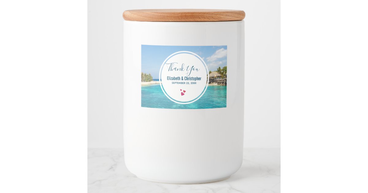 Scenic Tropical Beach with Thatched Huts Photo Food Label | Zazzle