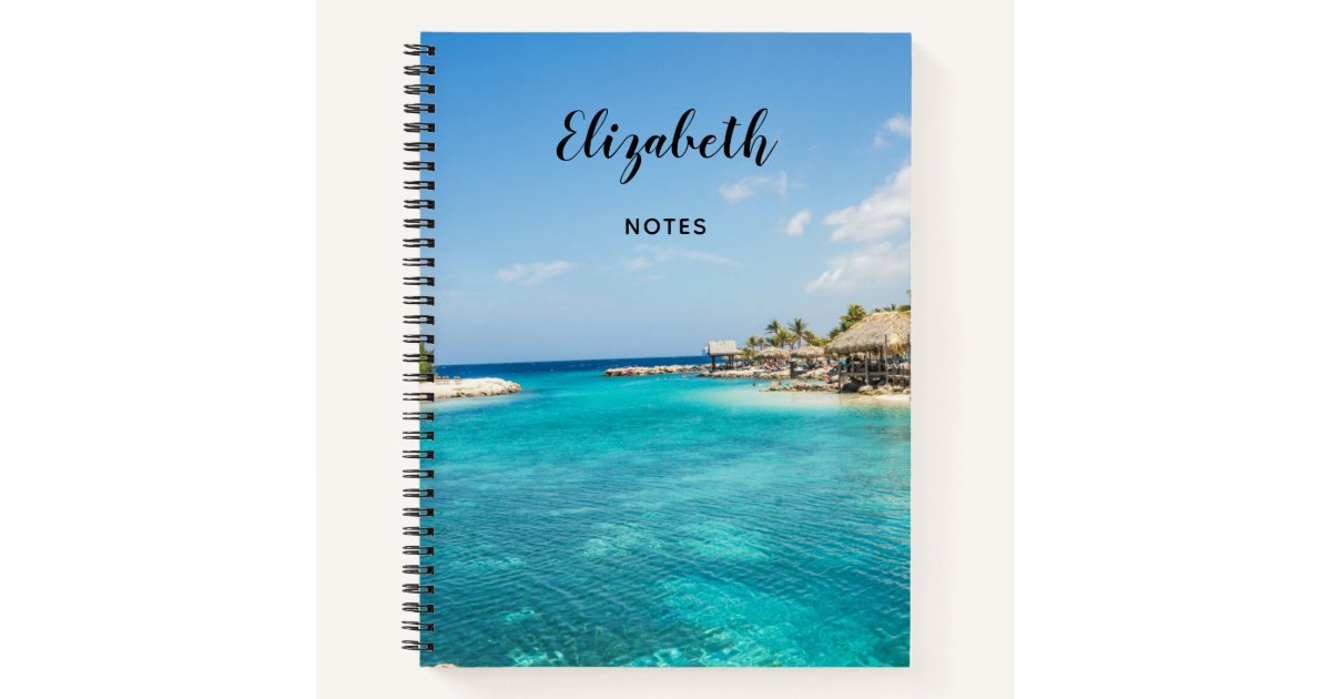 Scenic Tropical Beach with Thatched Huts Photo Notebook | Zazzle