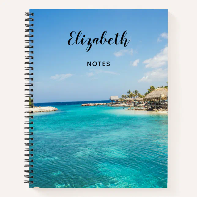 Scenic Tropical Beach with Thatched Huts Photo Notebook | Zazzle