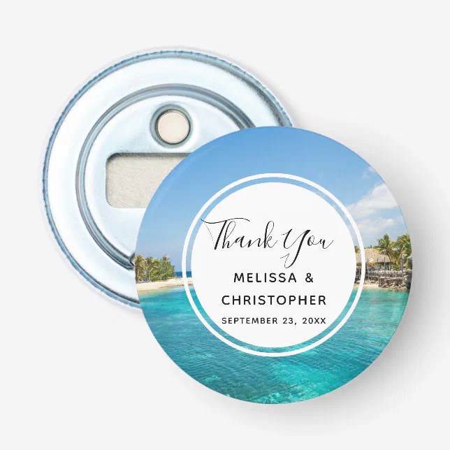 Scenic Tropical Beach with Thatched Huts Wedding Bottle Opener | Zazzle