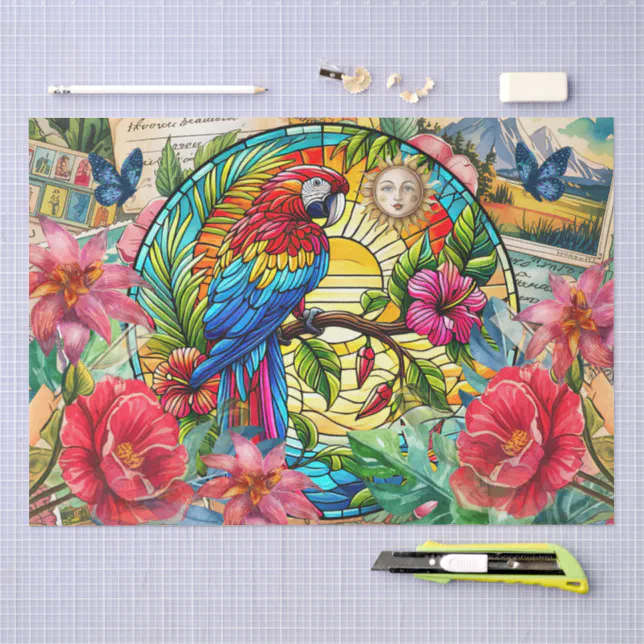 Scenic Tropical Stained Glass Red Macaw Decoupage Tissue Paper | Zazzle