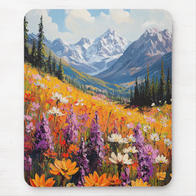 Scenic Wildflowers and Mountains Fine Art Mouse Pad | Zazzle