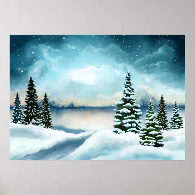 Scenic Winter Wonderland Watercolor Painting Poster | Zazzle