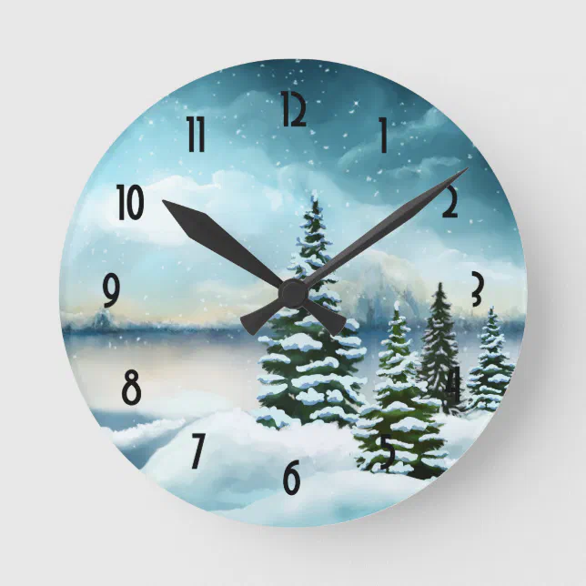 Scenic Winter Wonderland Watercolor Painting Round Clock | Zazzle
