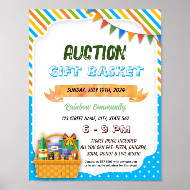 School auction gift basket flyer poster template | Zazzle