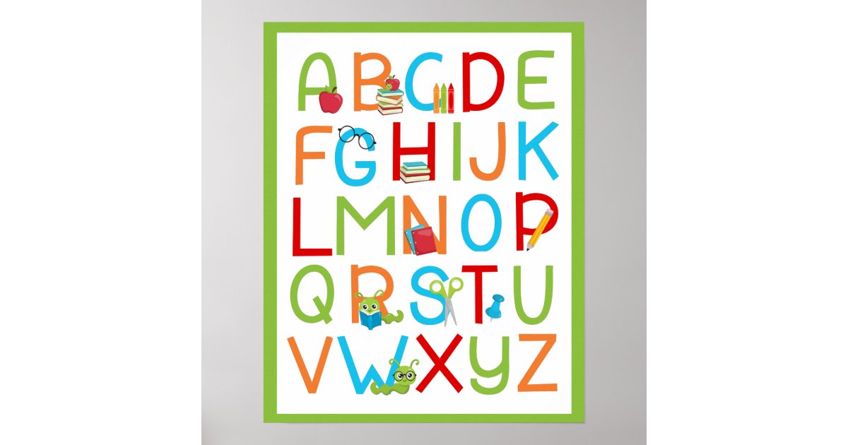 School Bookworm Alphabet A to Z on Bright Green Poster | Zazzle