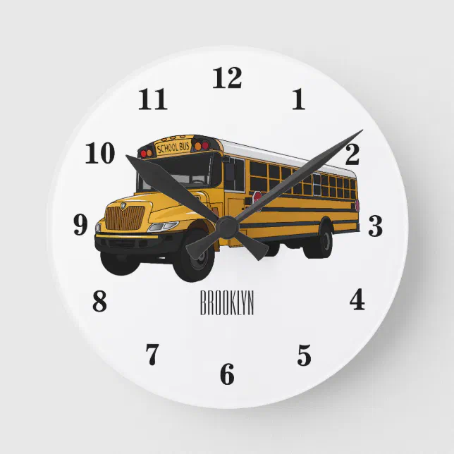 School bus cartoon illustration round clock | Zazzle