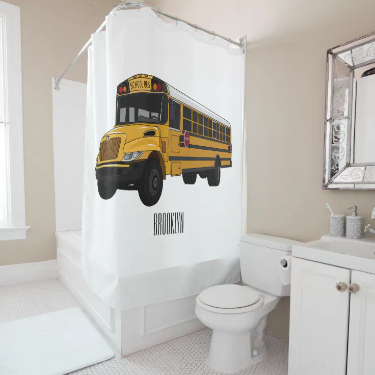School bus cartoon illustration shower curtain | Zazzle