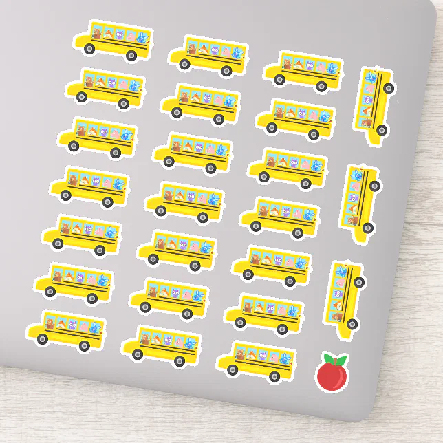 School Bus Cute Animals Cartoon 24 Buses + Apple Sticker | Zazzle