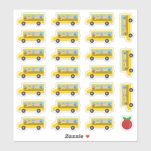 School Bus Cute Animals Cartoon 24 Buses + Apple Sticker | Zazzle