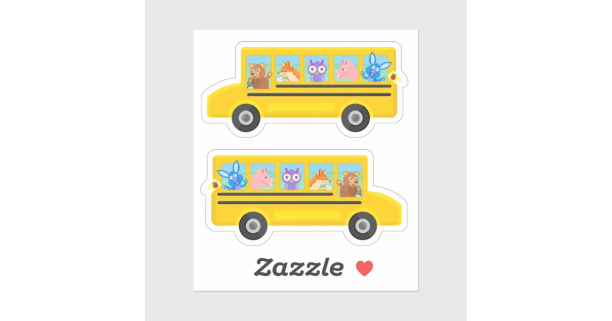 School Bus Cute Animals Cartoon 2 Buses Sticker | Zazzle