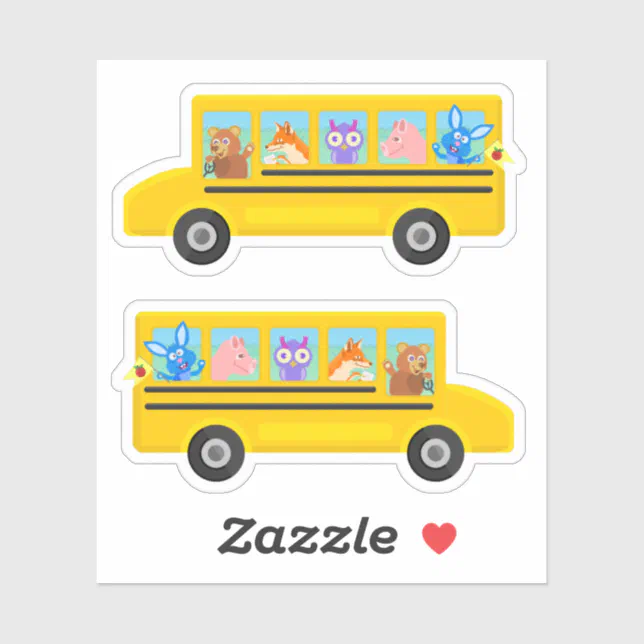 School Bus Cute Animals Cartoon 2 Buses Sticker | Zazzle