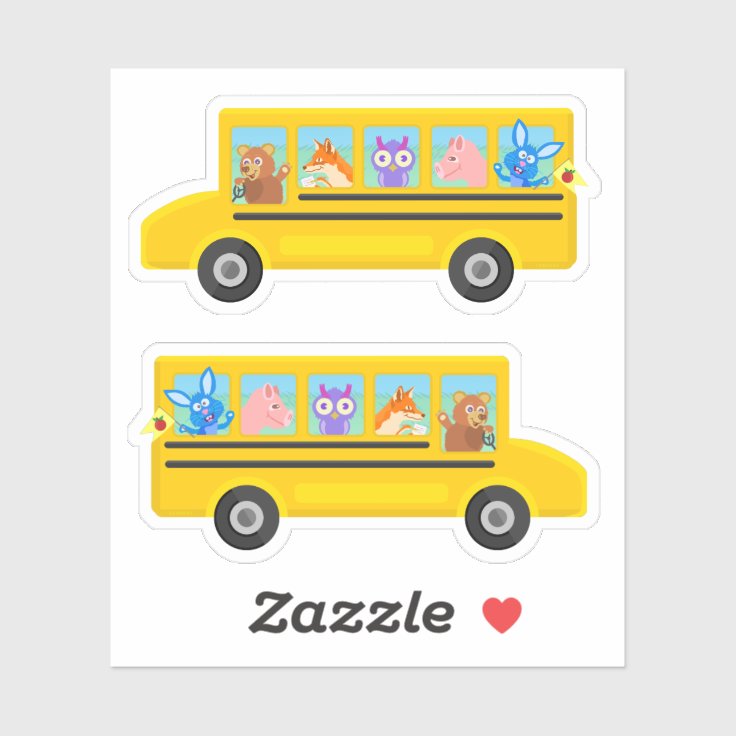 School Bus Cute Animals Cartoon 2 Buses Sticker | Zazzle