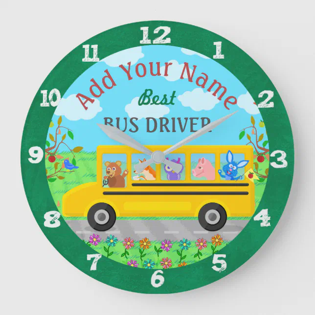 School Bus Driver Cute Animals | Personalized Name Large Clock | Zazzle