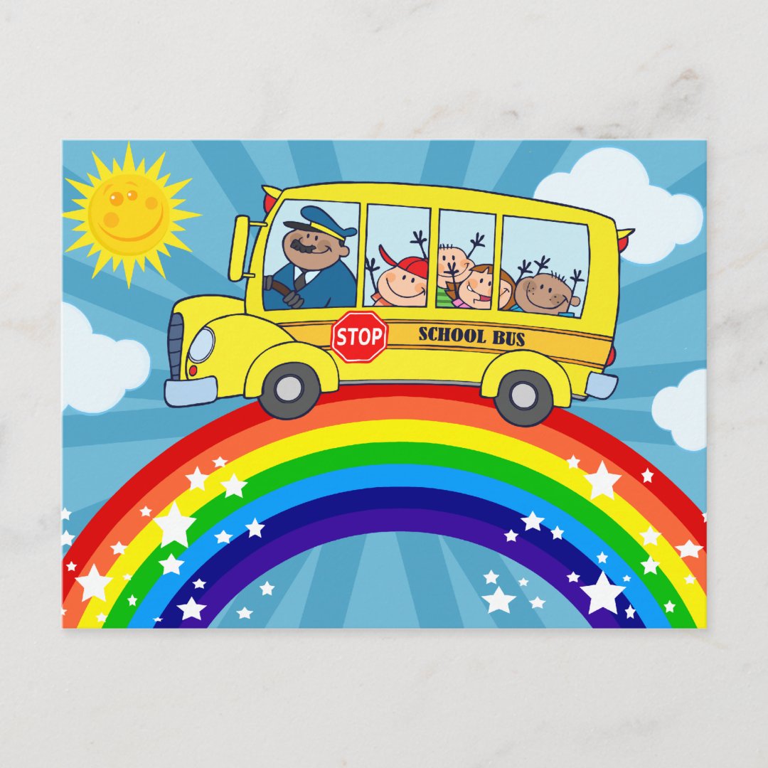 School Bus Driving on a Rainbow Postcard | Zazzle