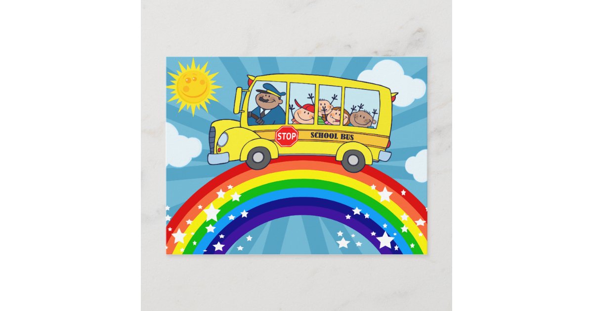 School Bus Driving on a Rainbow Postcard | Zazzle