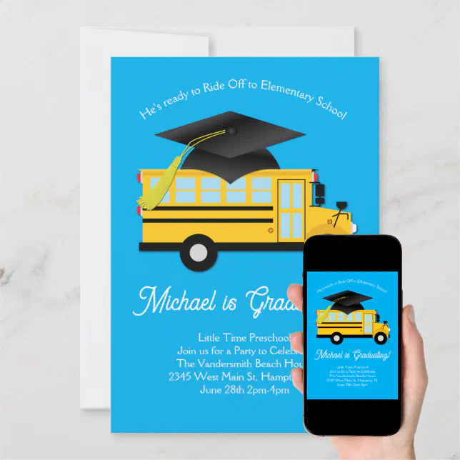 School Bus Preschool Graduation Party Elementary Invitation | Zazzle