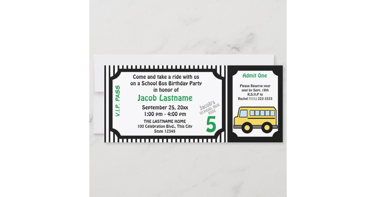 School Bus Ride Birthday Bus Ticket Invitation | Zazzle